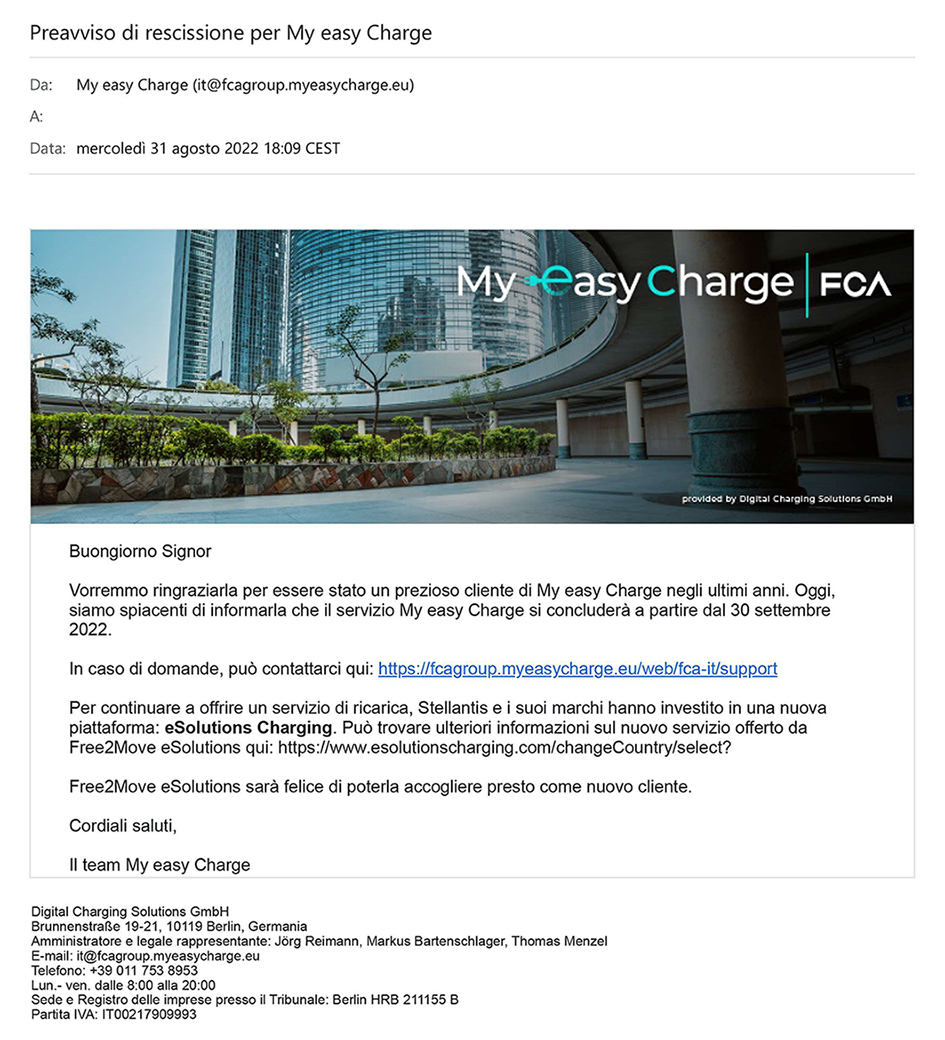 Preavviso di rescissione per My easy Charge
