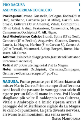 Pro Ragusa - Misterbianco Calcio 1-1, gli etnei agguantano il pari con La Magna