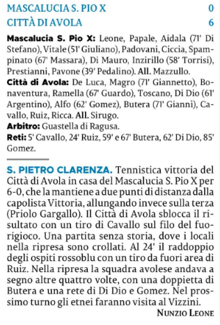 Catania S. Pio X Mascalucia-Avola 0-6. Continua il calvario del Mascalucia San Pio, che prende ...