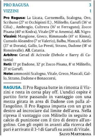 Pro Ragusa - Vizzini 3-1. Il Pro Ragusa batte in rimonta il Vizzini, a segno Zocco Pisana ...